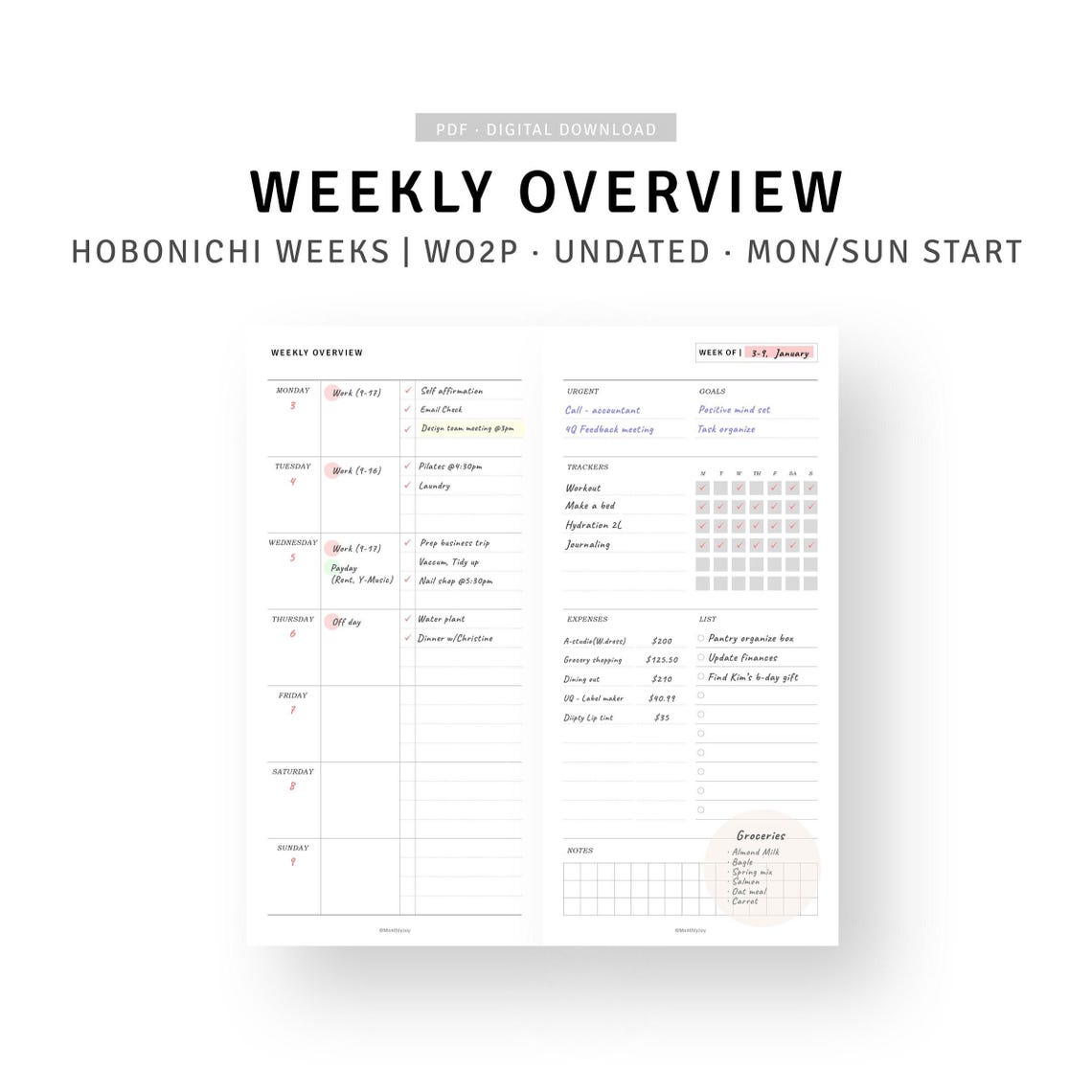 Weekly Overview Template Hobonichi Weeks Inserts Printable Undated ...