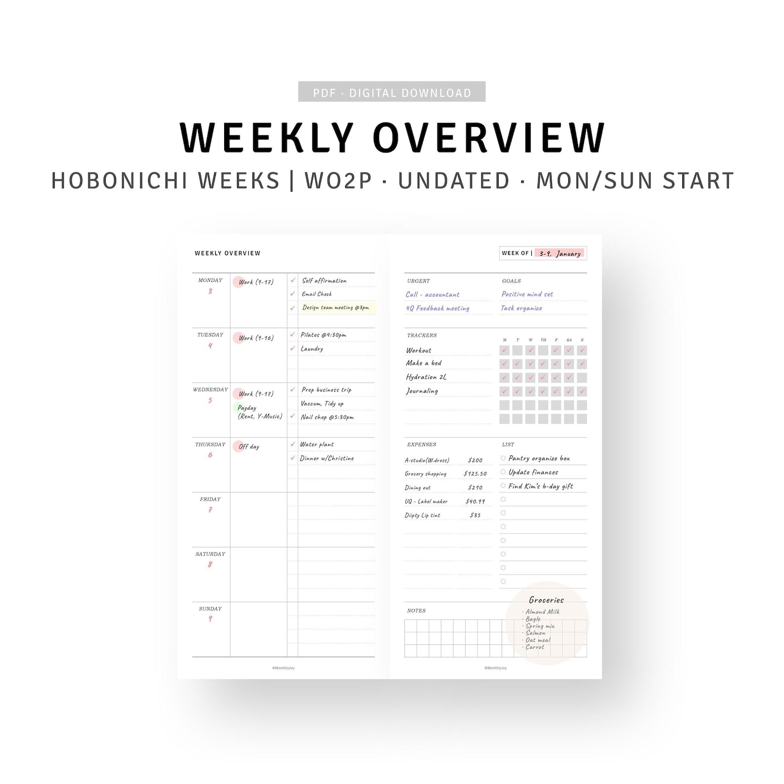 Weekly Overview Template Hobonichi Weeks Inserts Printable Undated ...