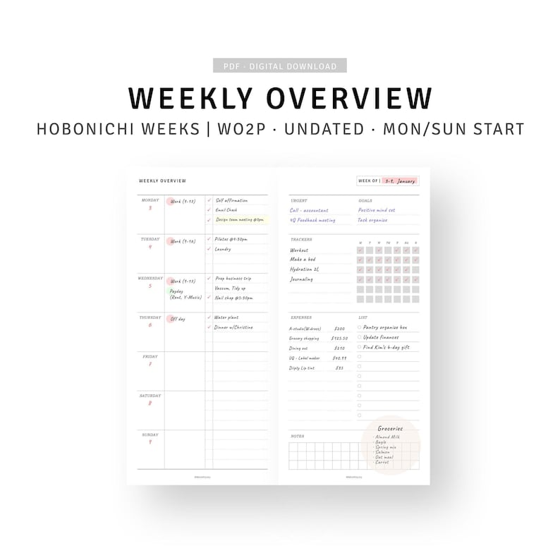 Weekly Overview Template Hobonichi Weeks Inserts Printable Undated ...