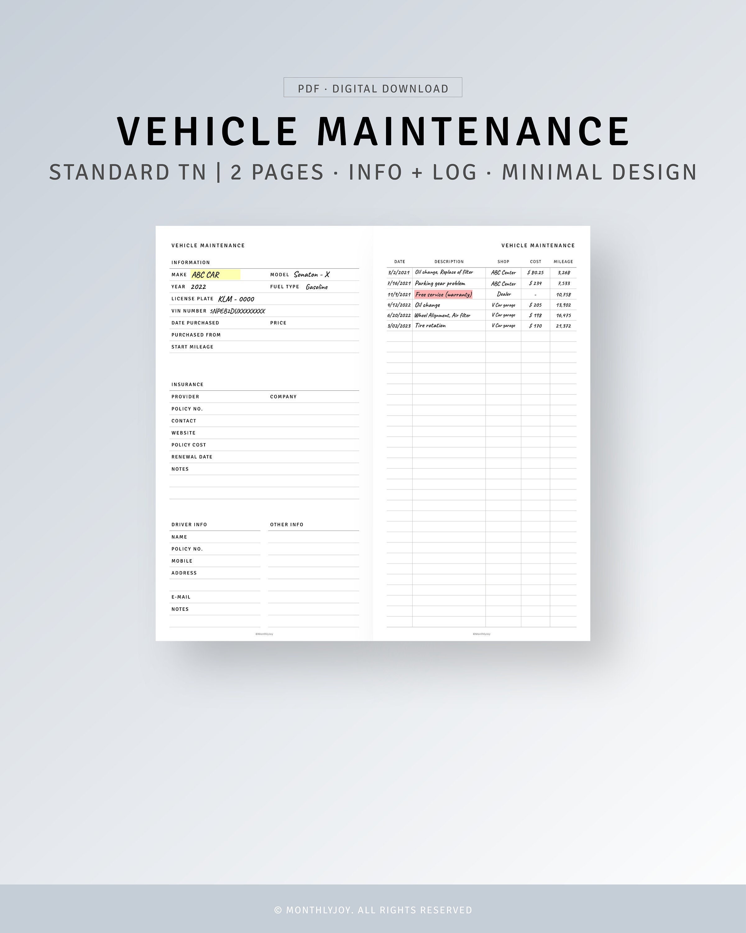 Car Maintenance Log Printable TN Standard Inserts Car Repair - Etsy