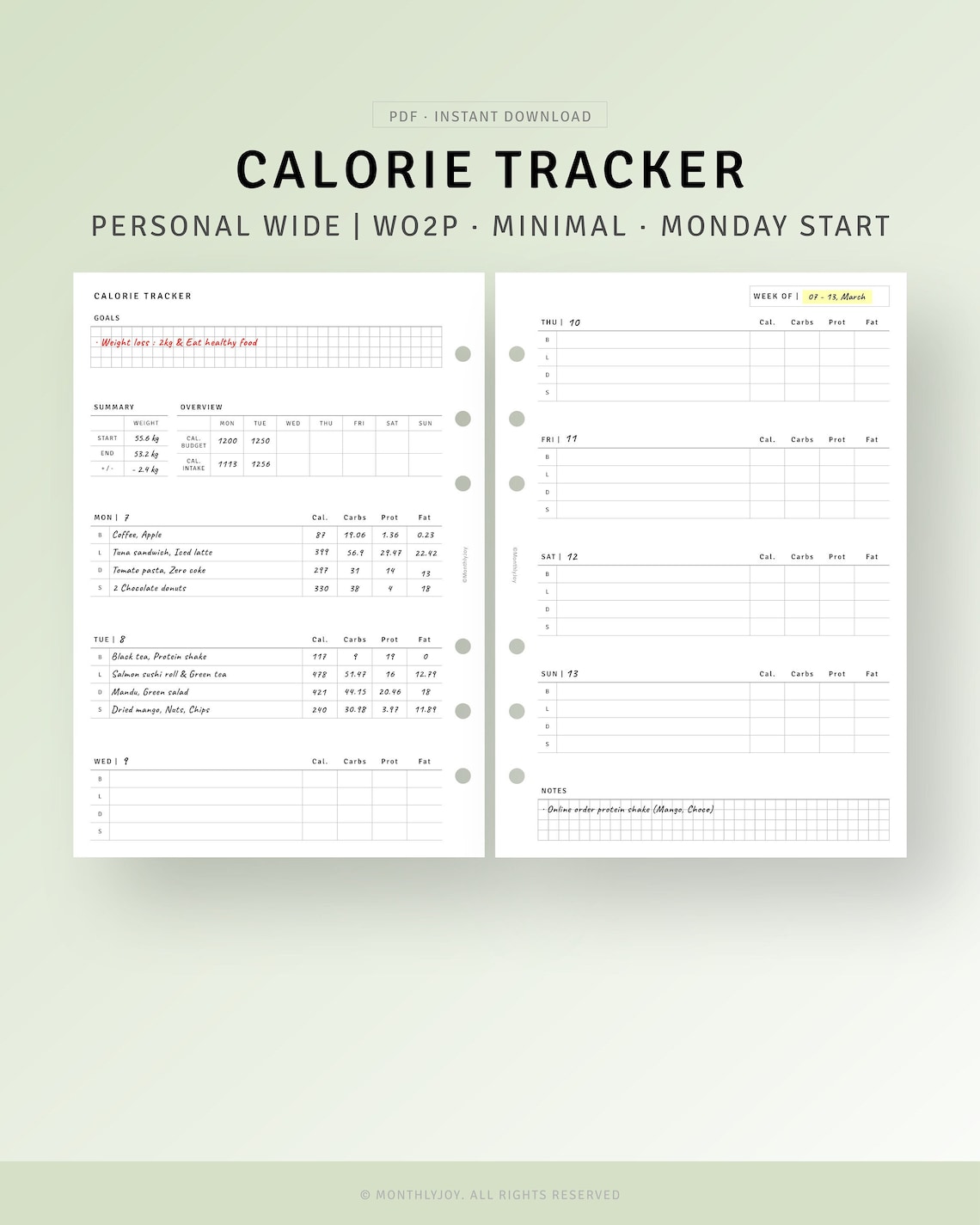 Calorie Tracker Printable Personal Wide Ring Weight Loss - Etsy