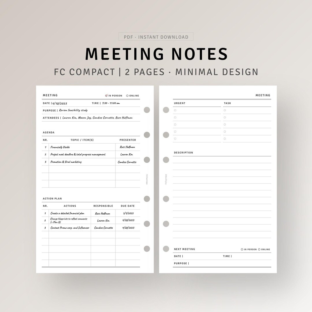 Meeting Notes Template Printable Work Planner for Business, Meeting ...