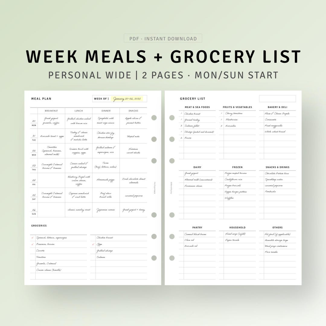 Weekly Menu Planner With Grocery List Printable Personal Wide Inserts ...