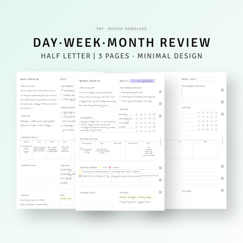 Daily Weekly Monthly Review Printable Half Letter Inserts, Daily ...