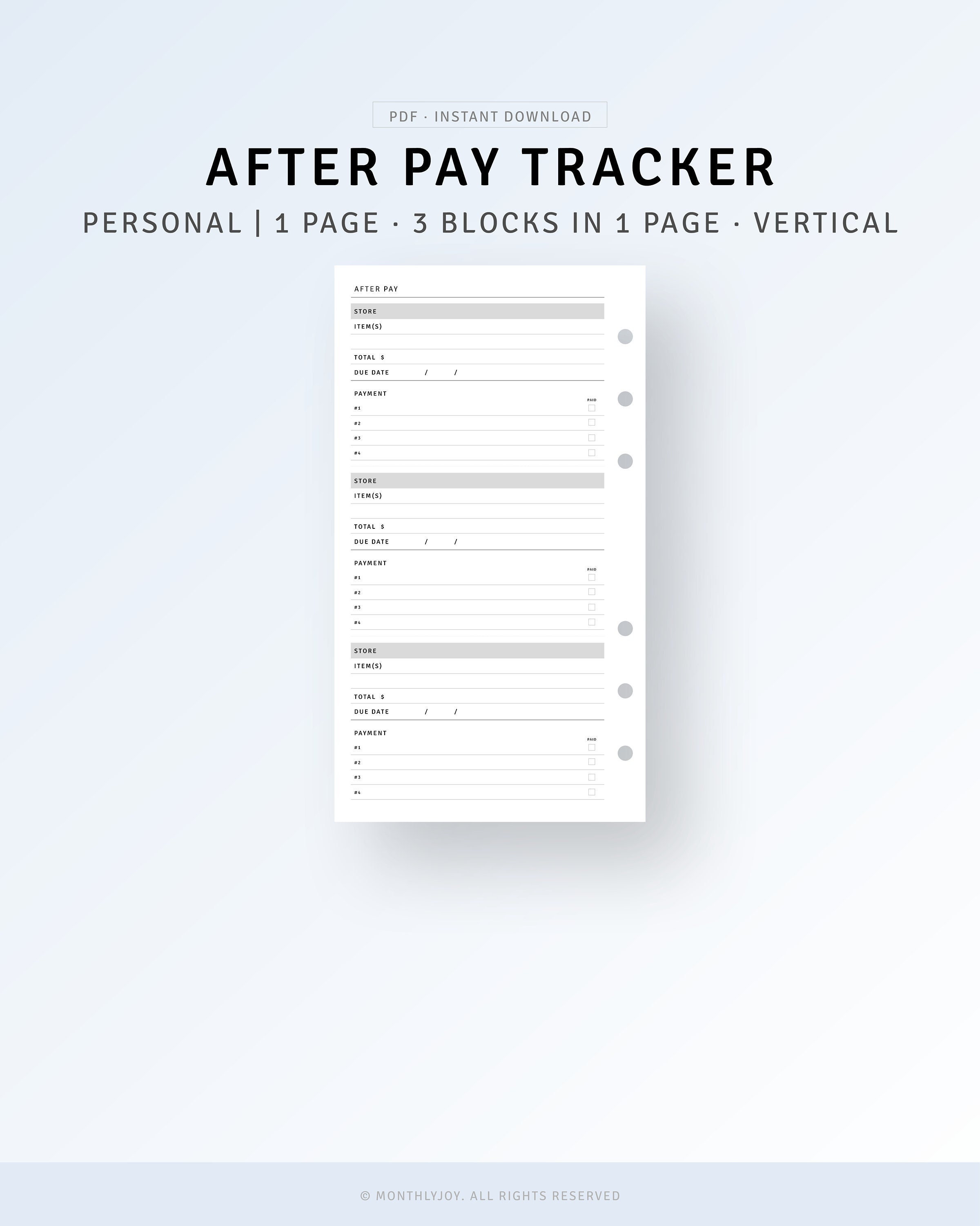 After Pay Tracker Printable Personal Ring Inserts Payment - Etsy