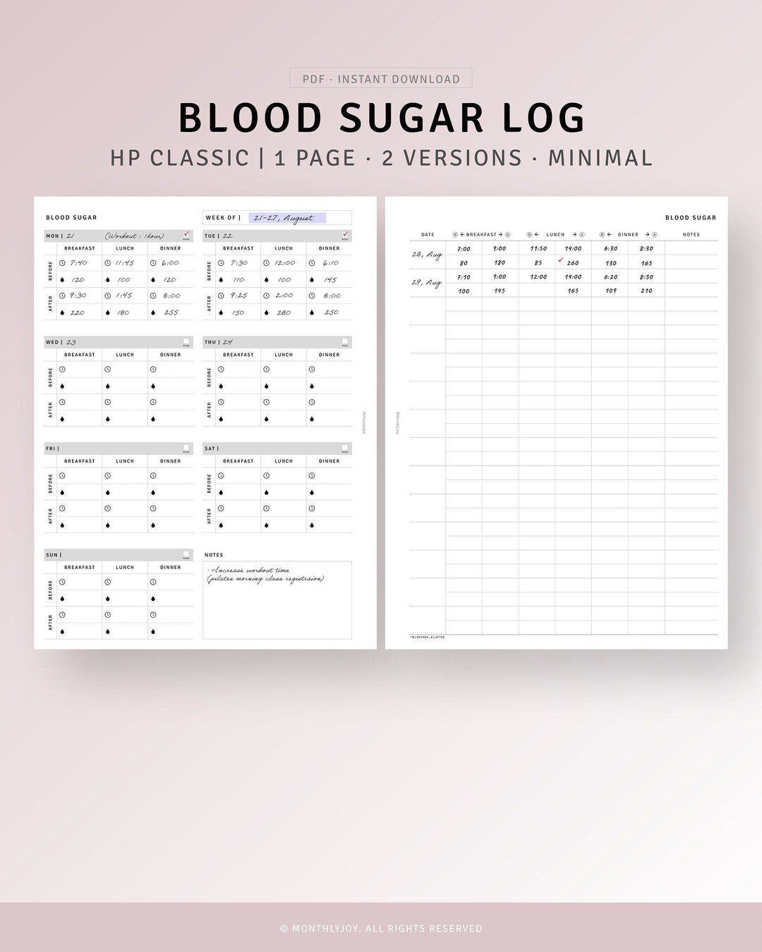 Blood Sugar Tracker Printable HP Classic Inserts, Daily Weekly Blood ...