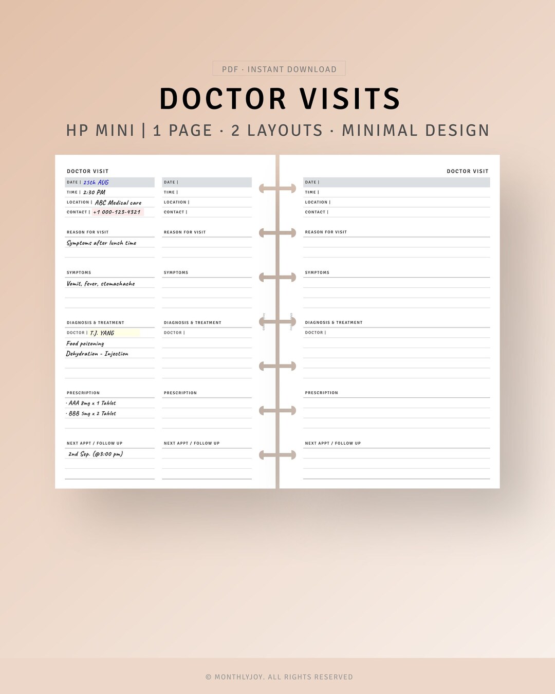 Doctor Visits Tracker HP Mini Inserts Printable, Medical Tracker ...