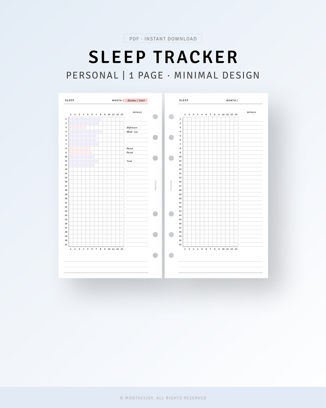 Personal, Sleep Tracker Planner Printable Sleeping Log Chart, Monthly ...