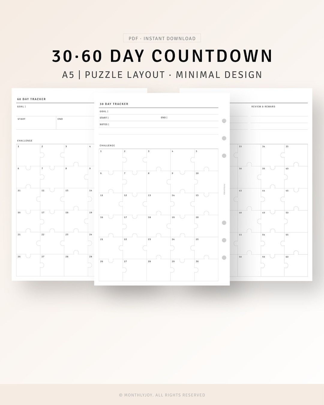 30 60 Day Countdown Tracker Printable A5 Planner Inserts, Habit ...