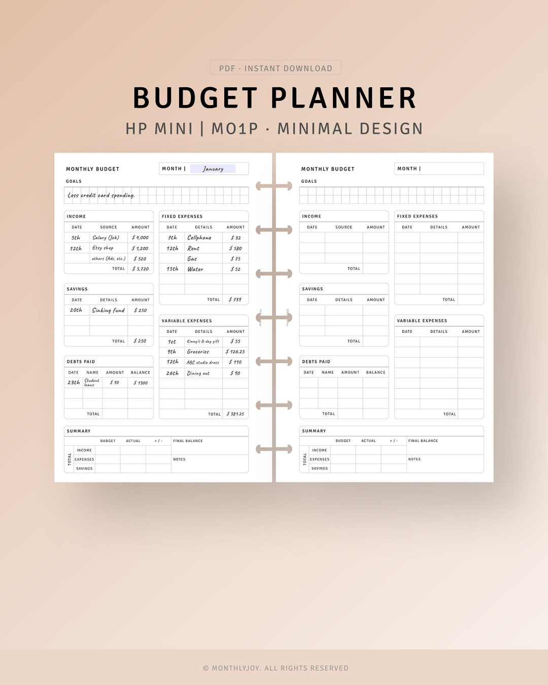 Printable Budget Planner HP Mini Inserts Finance Template, Income ...