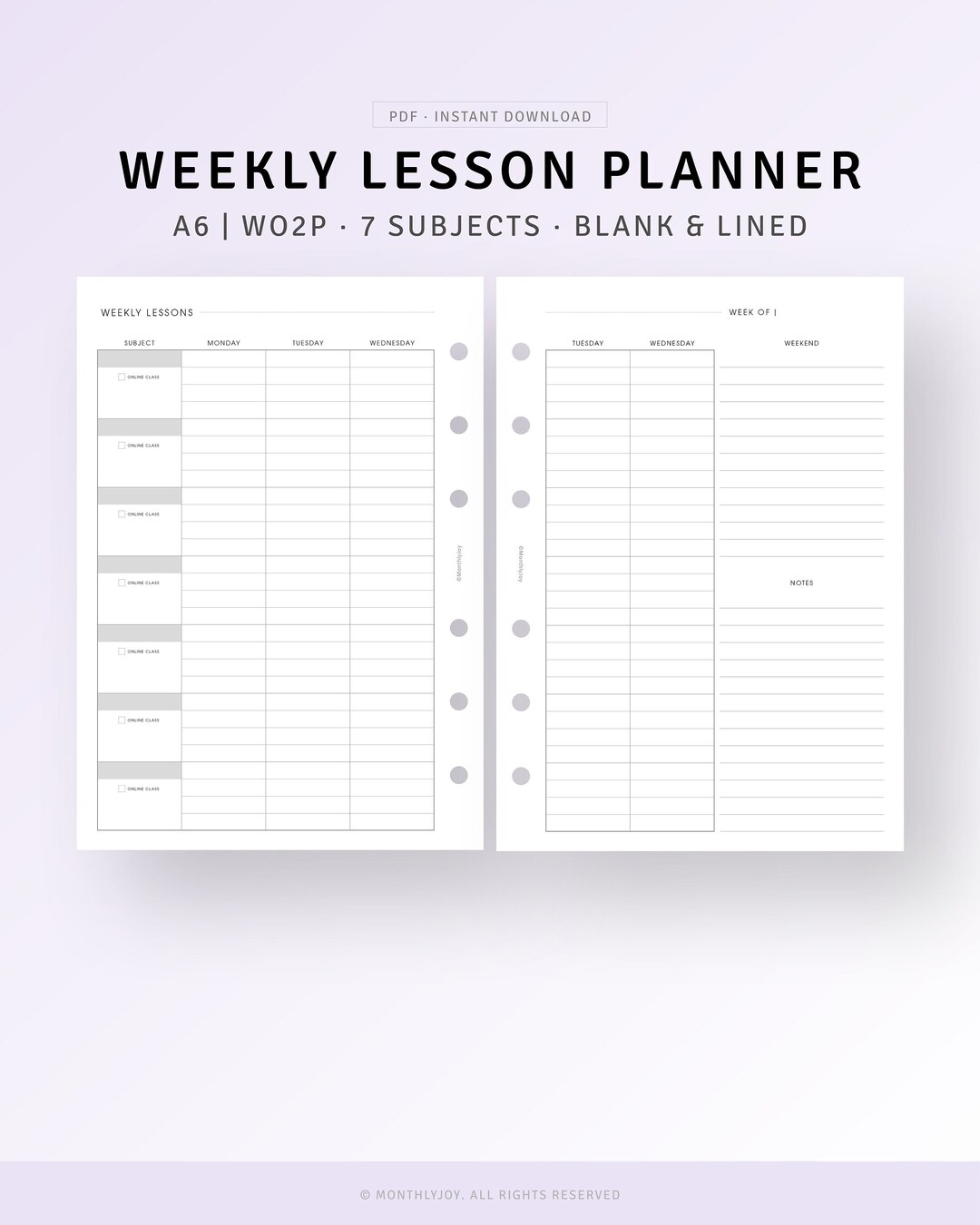 Weekly Lesson Planner A6 Inserts Printable Weekly Subject Calendar ...