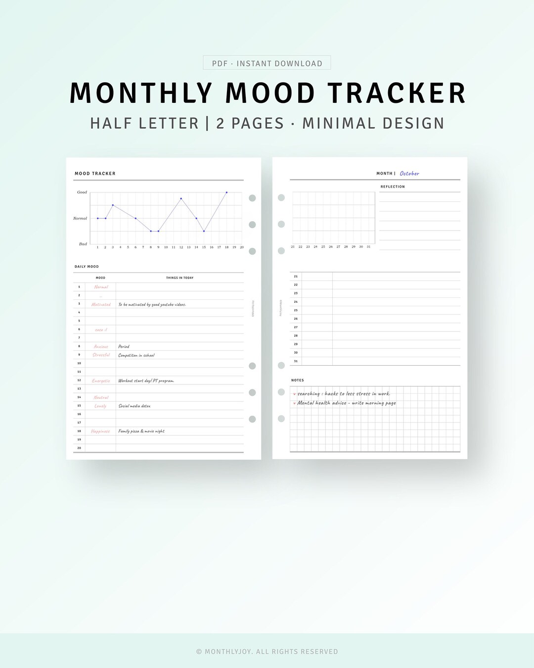 Mood Tracker Printable Half Letter Inserts, Monthly Mood Journal ...