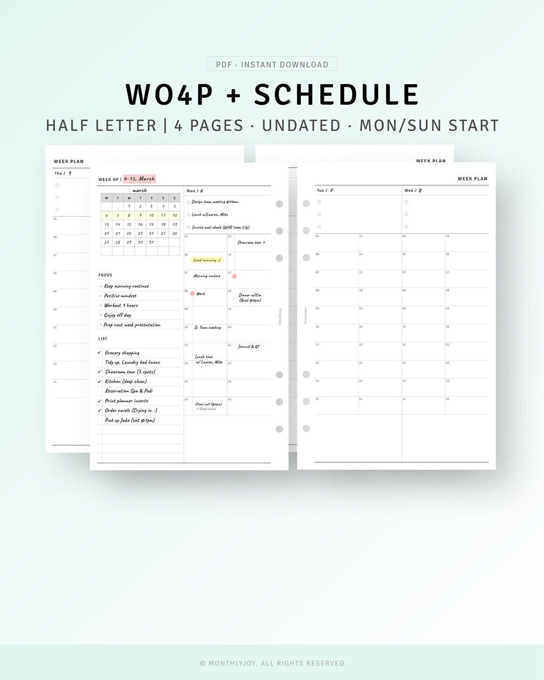 Week on 4 Pages Printable Half Letter Inserts, Undated Weekly Schedule ...