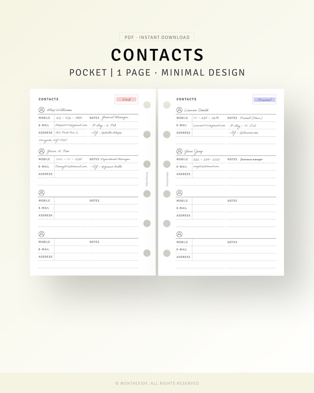 Contact List Printable Pocket Planner Inserts, Emergency Contact Number ...
