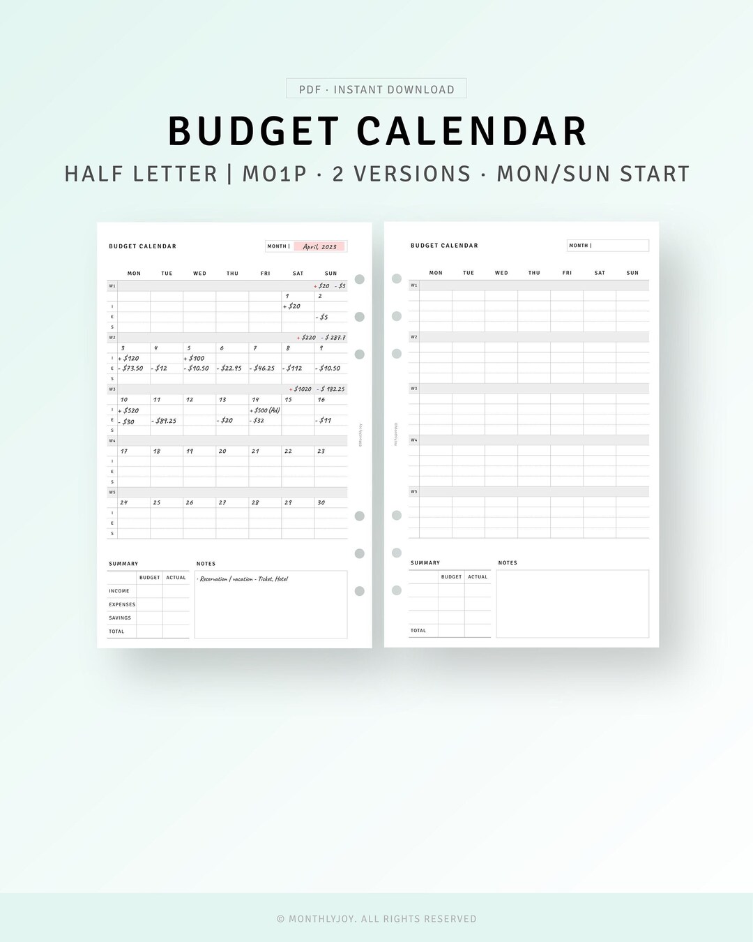 Monthly Budget Calendar Printable Half Letter Ring, Income and Expense ...