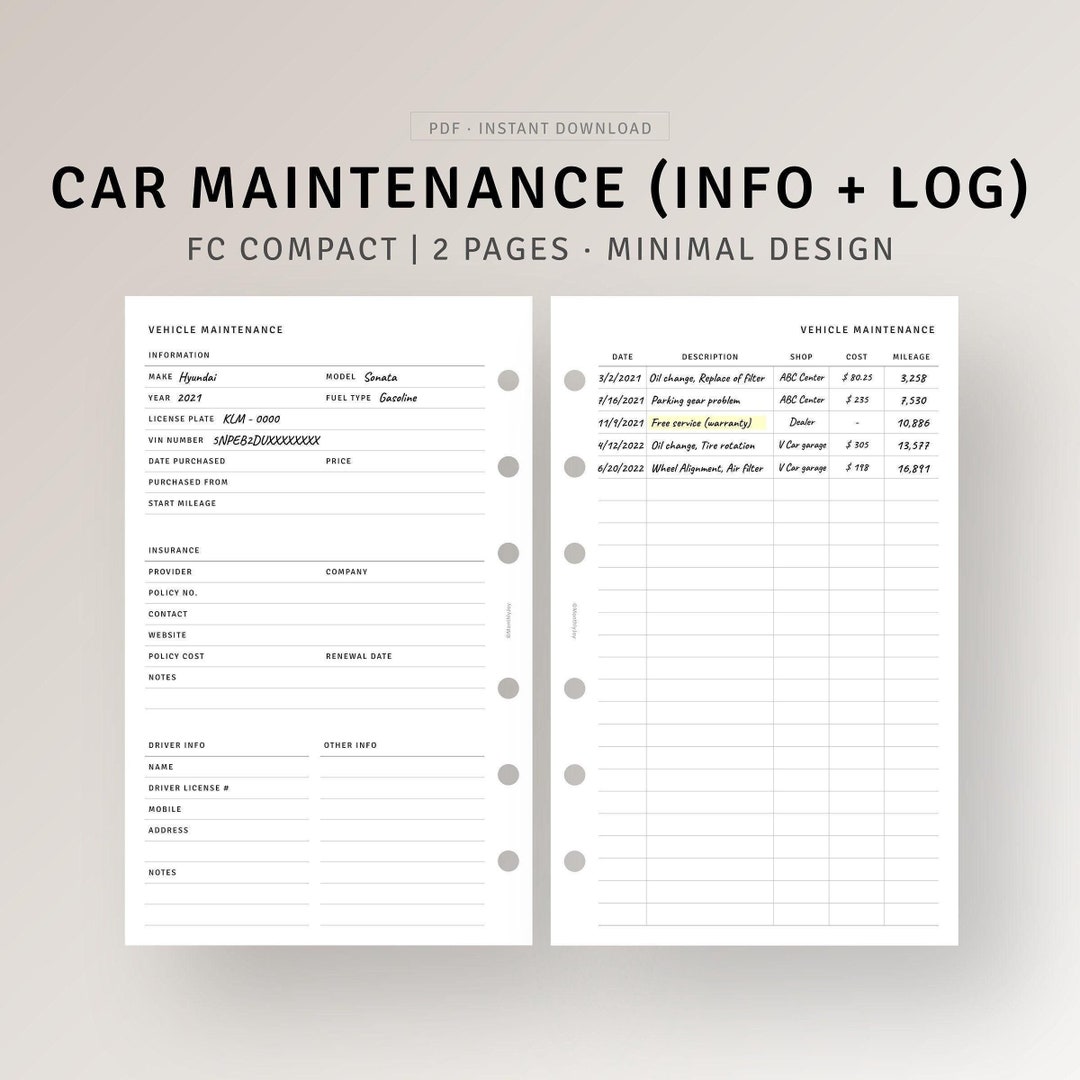 Car Maintenance Log FC Compact Inserts Printable Vehicle Service ...