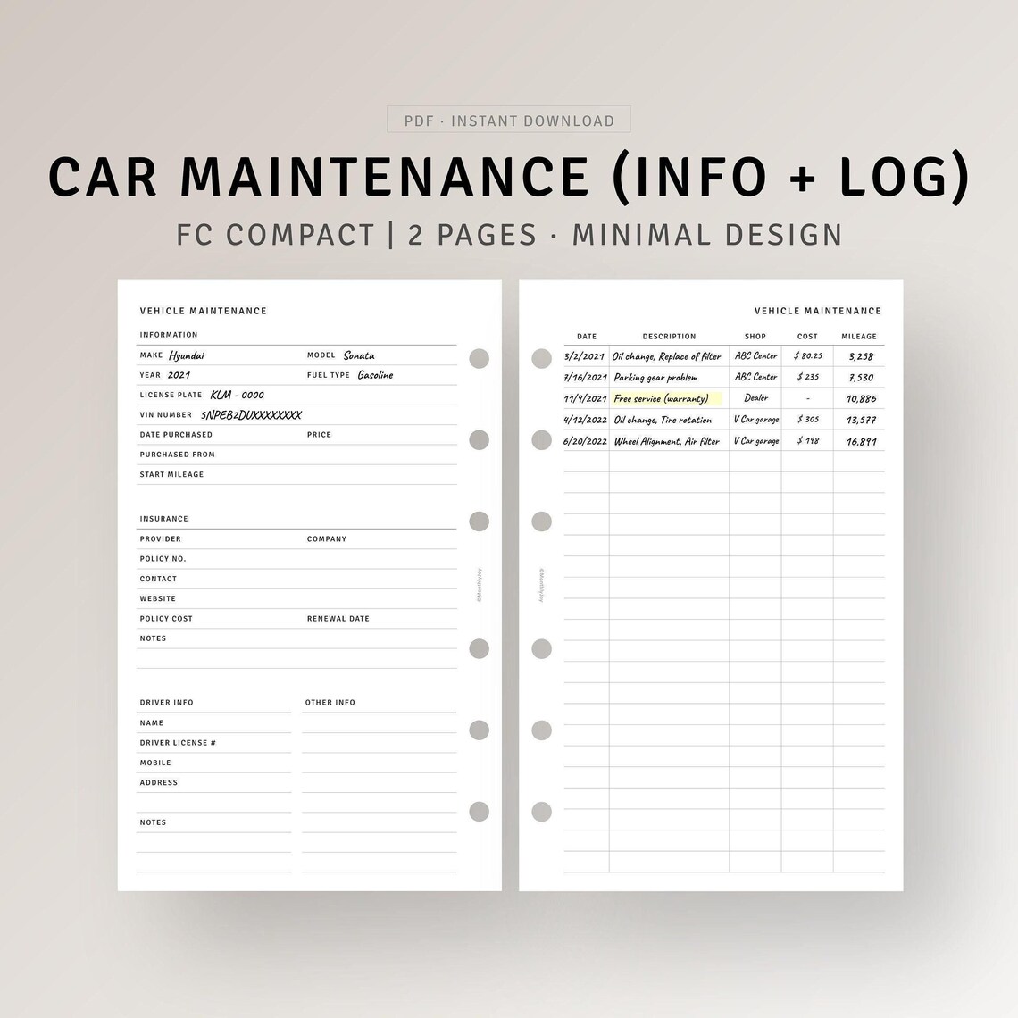Car Maintenance Log FC Compact Inserts Printable Vehicle Service ...