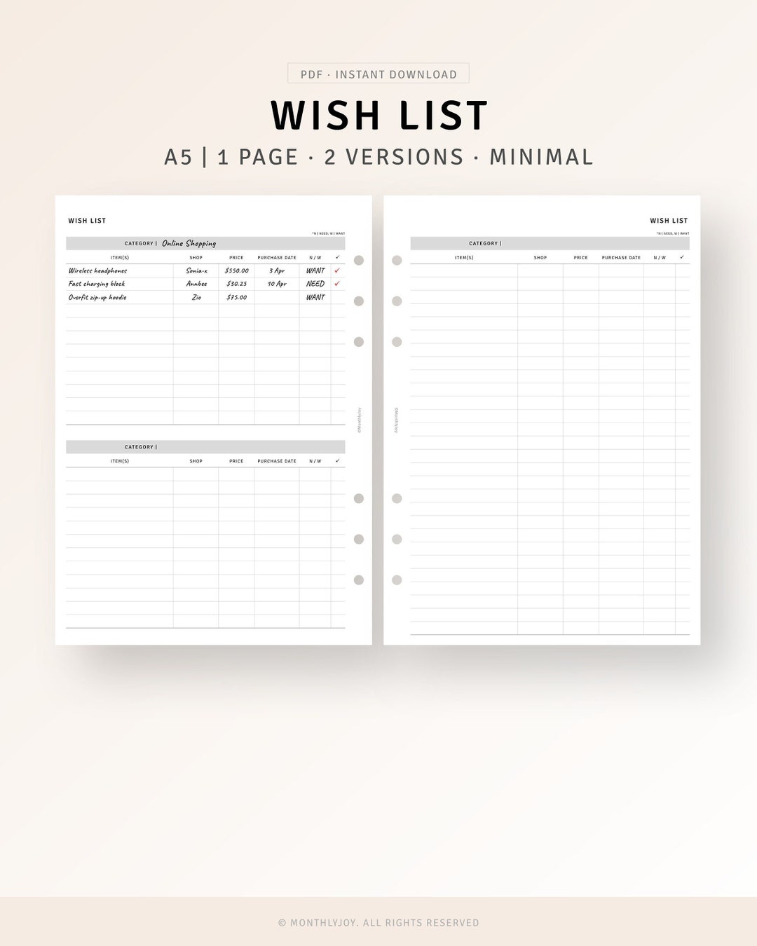 Wish List Tracker A5 Printable Planner Inserts, Online Shopping Tracker ...