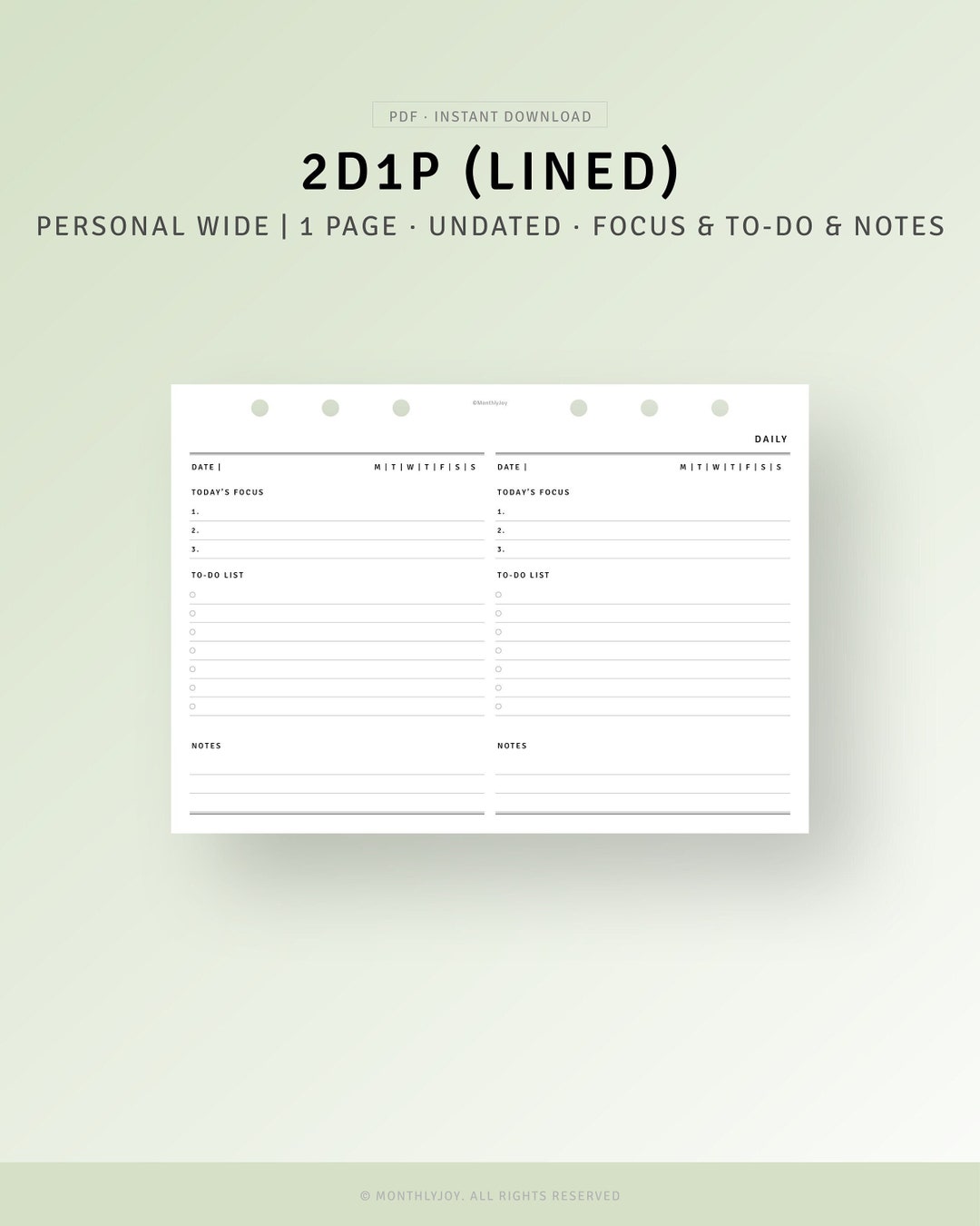 Undated Day Planner Printable Personal Wide Inserts, Daily Overview ...