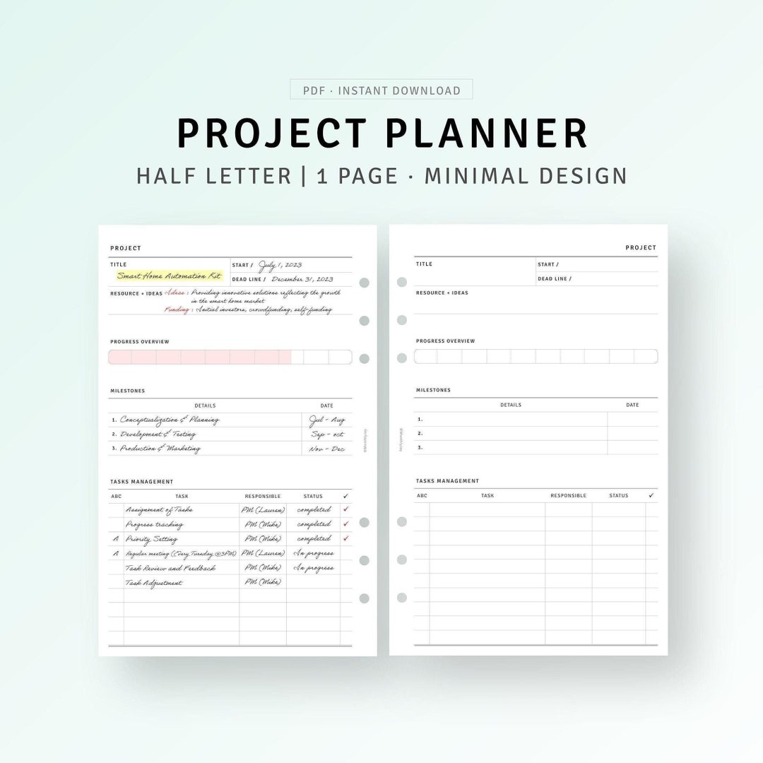 Project Tracker Template Half-letter Printable Inserts, Task Management ...