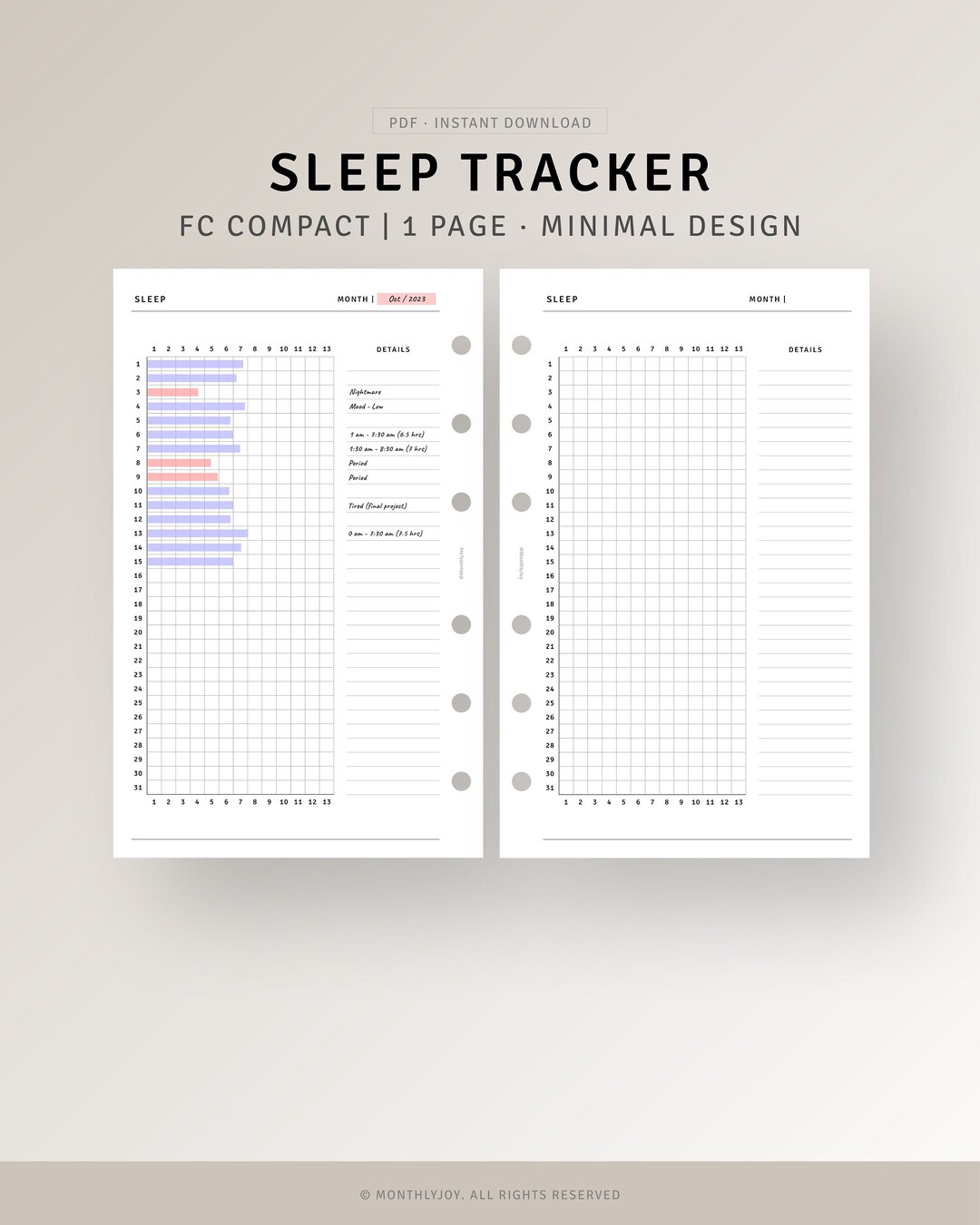 Monthly Sleep Tracker FC Compact Inserts Printable Sleeping Log, Health ...
