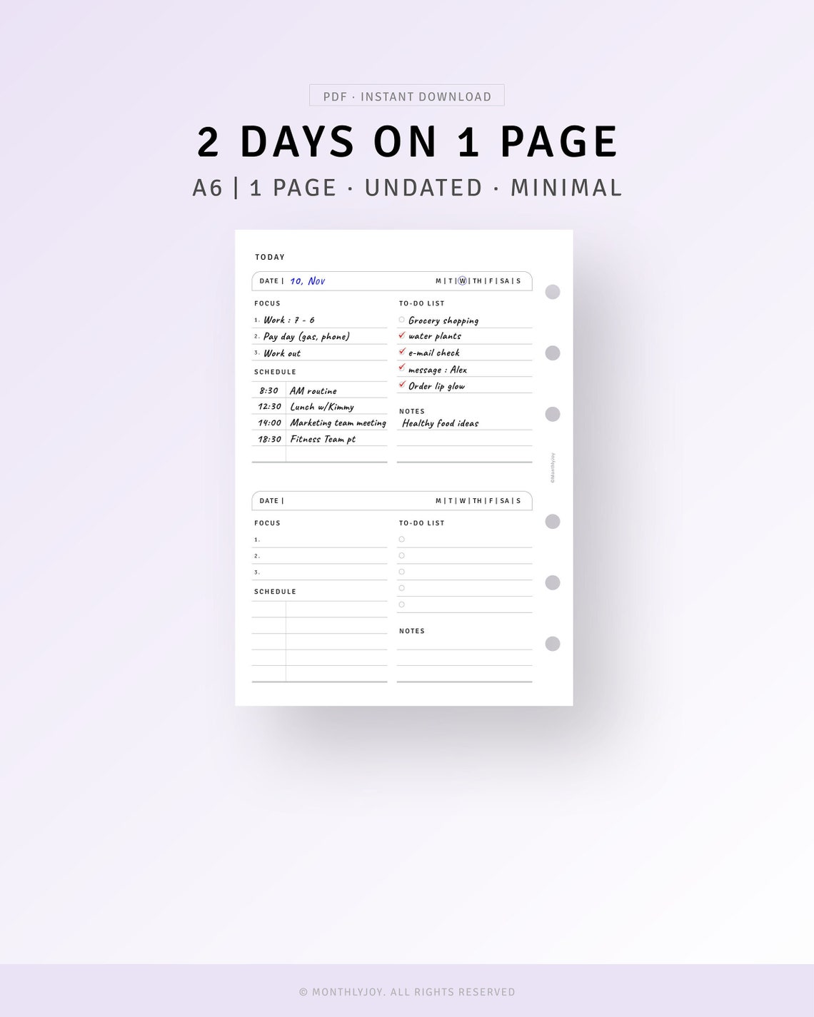 2 Days on 1 Page Printable A6 Inserts Daily Planner Pages - Etsy