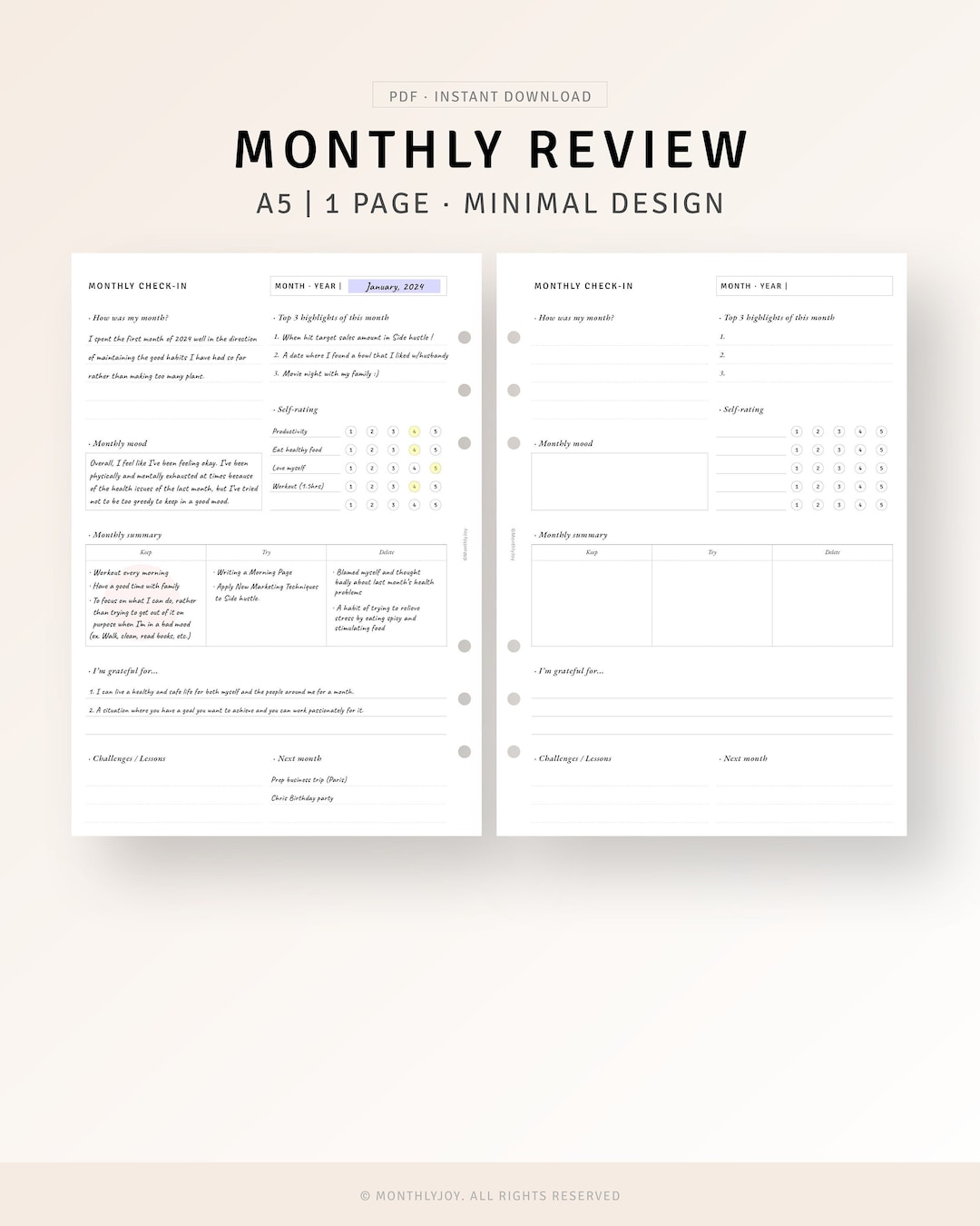 A5 Monthly Review Printable Month Reflection Template PDF, Month Check ...