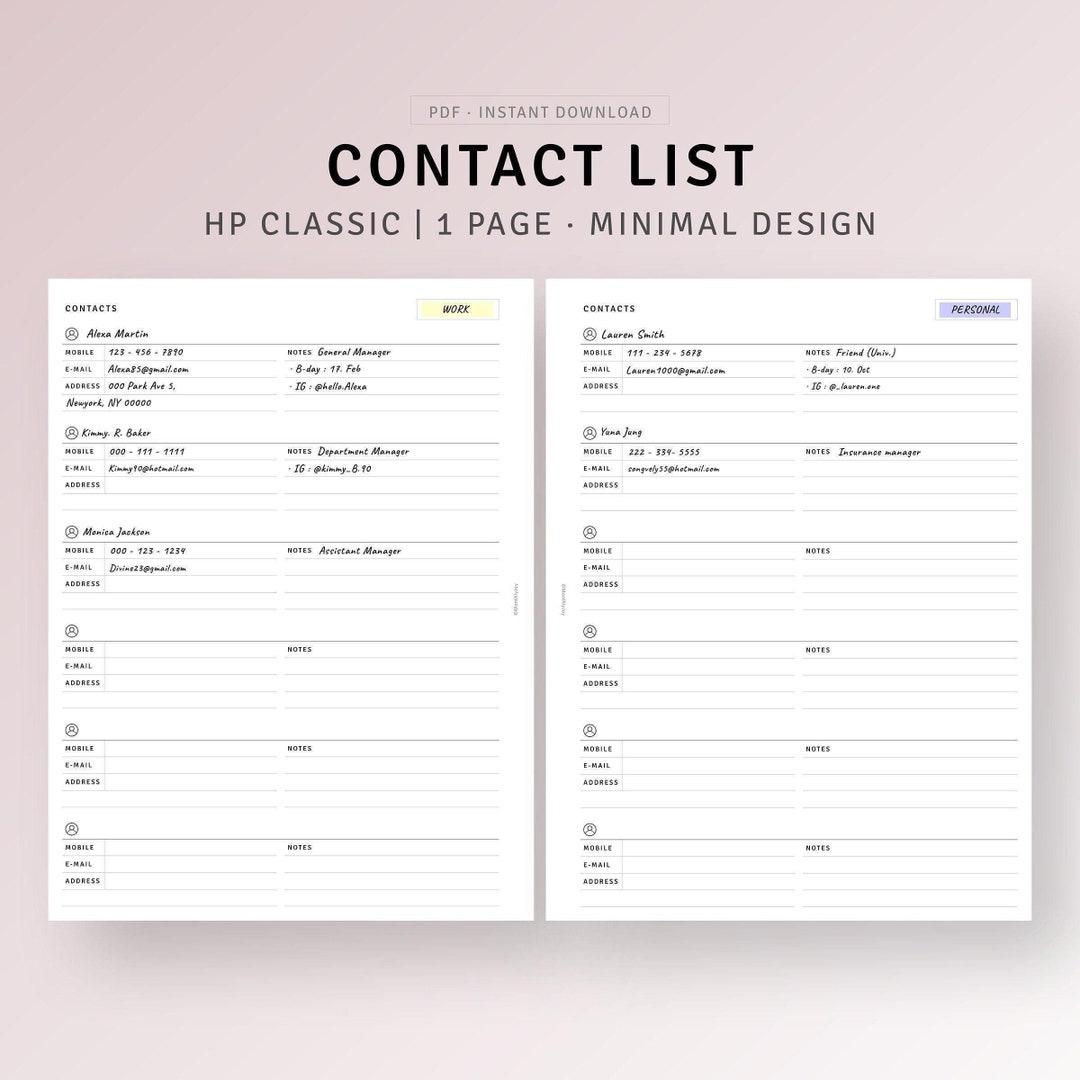 Contacts List Printable HP Classic Inserts, Work Email List, Address ...