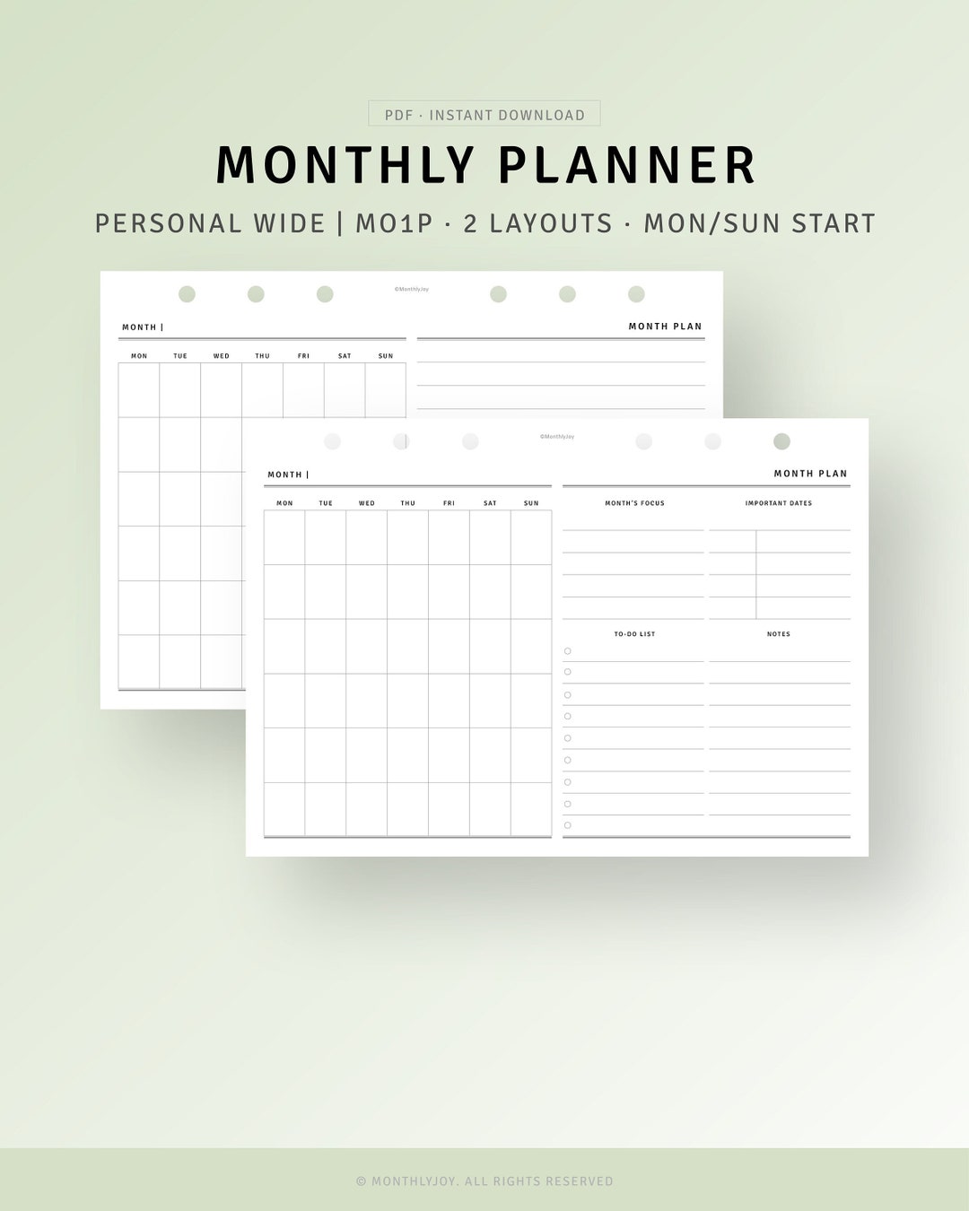 Monthly Planner Pages Printable Personal Wide Inserts, Month on 1 Page ...