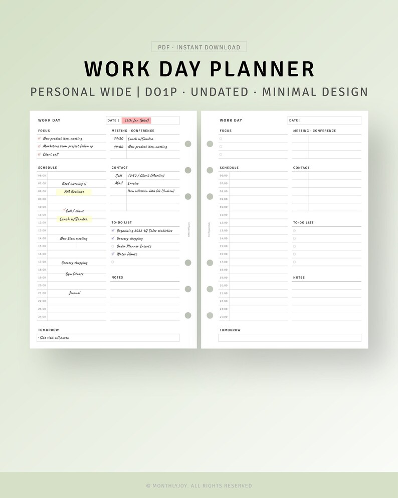 Work Day Planner Printable Personal Wide Productivity - Etsy