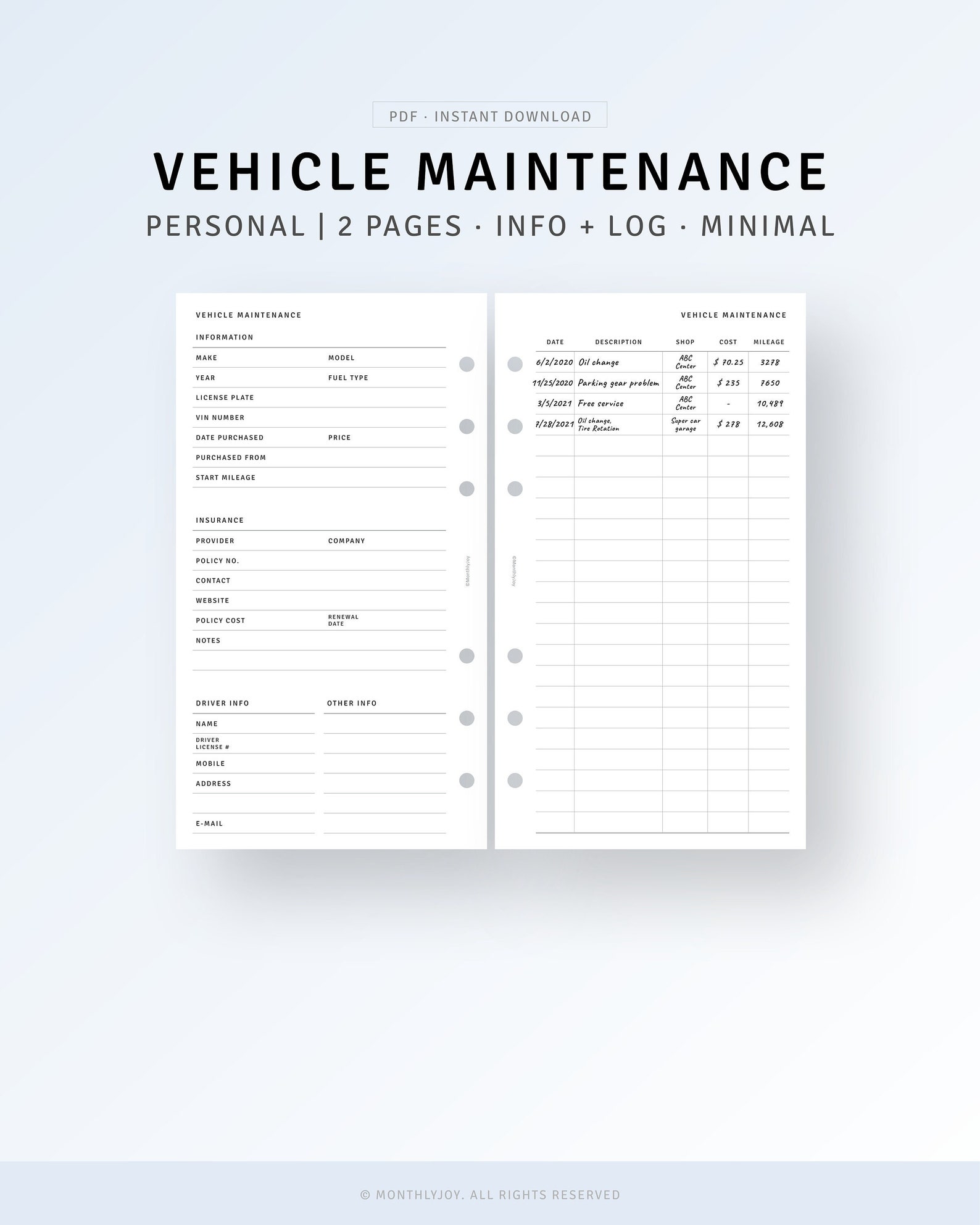 Personal Car Maintenance Log Printable Inserts Car Repair | Etsy