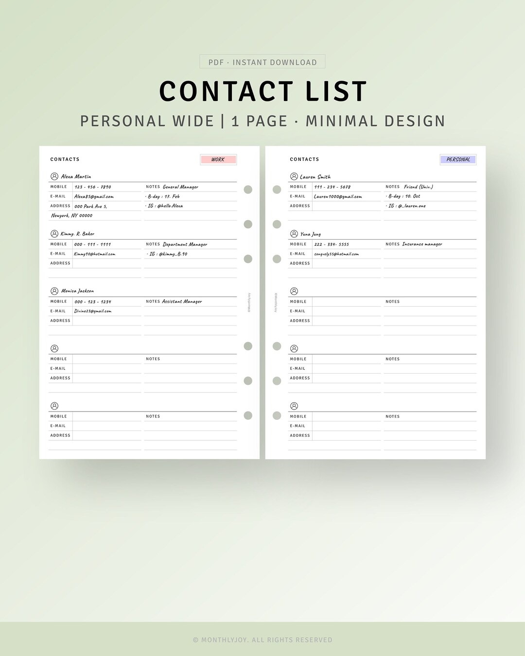 Contact Tracker Template Personal Wide Printable, Emergency Contact ...