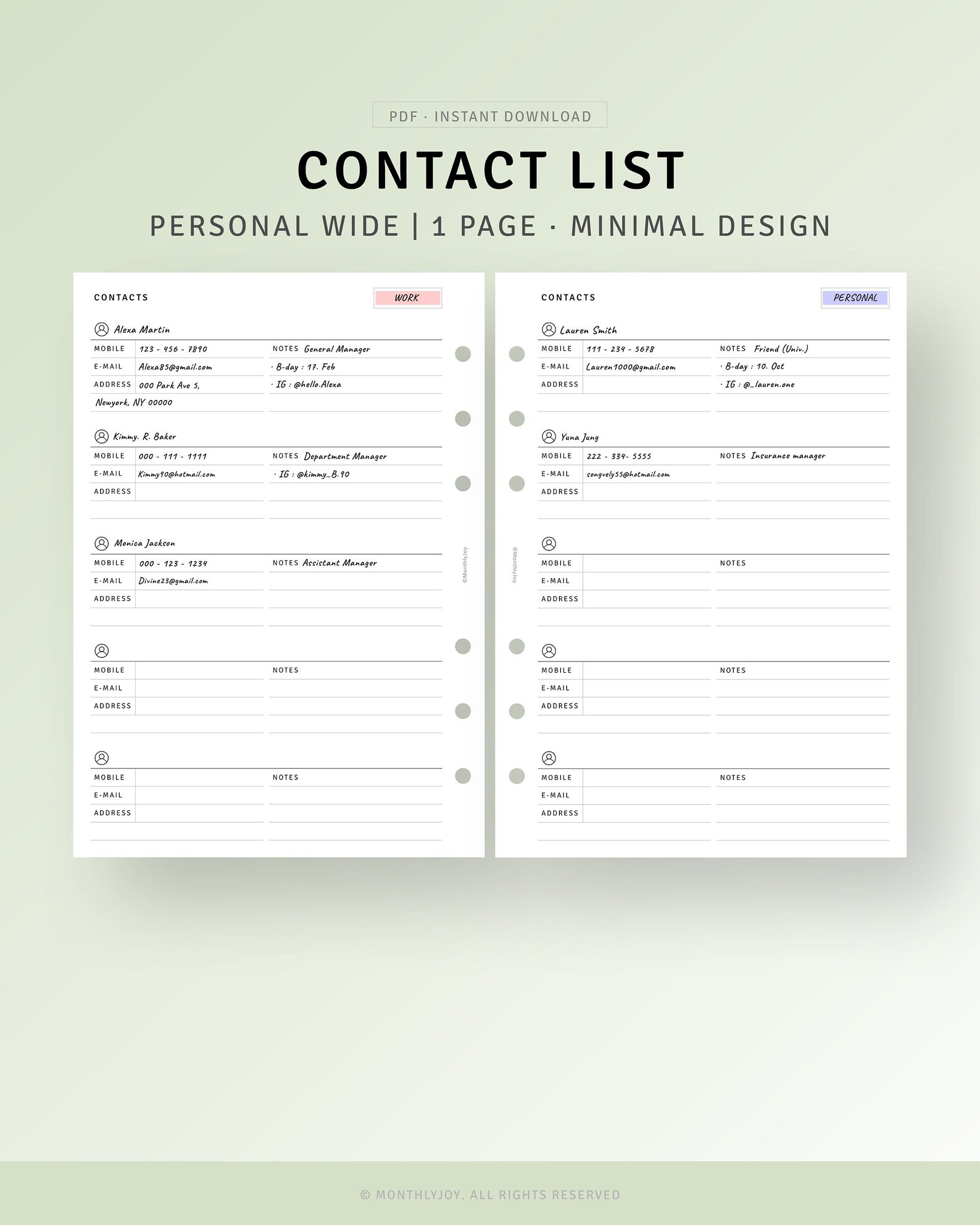 Contact Tracker Template Personal Wide Printable, Emergency Contact ...