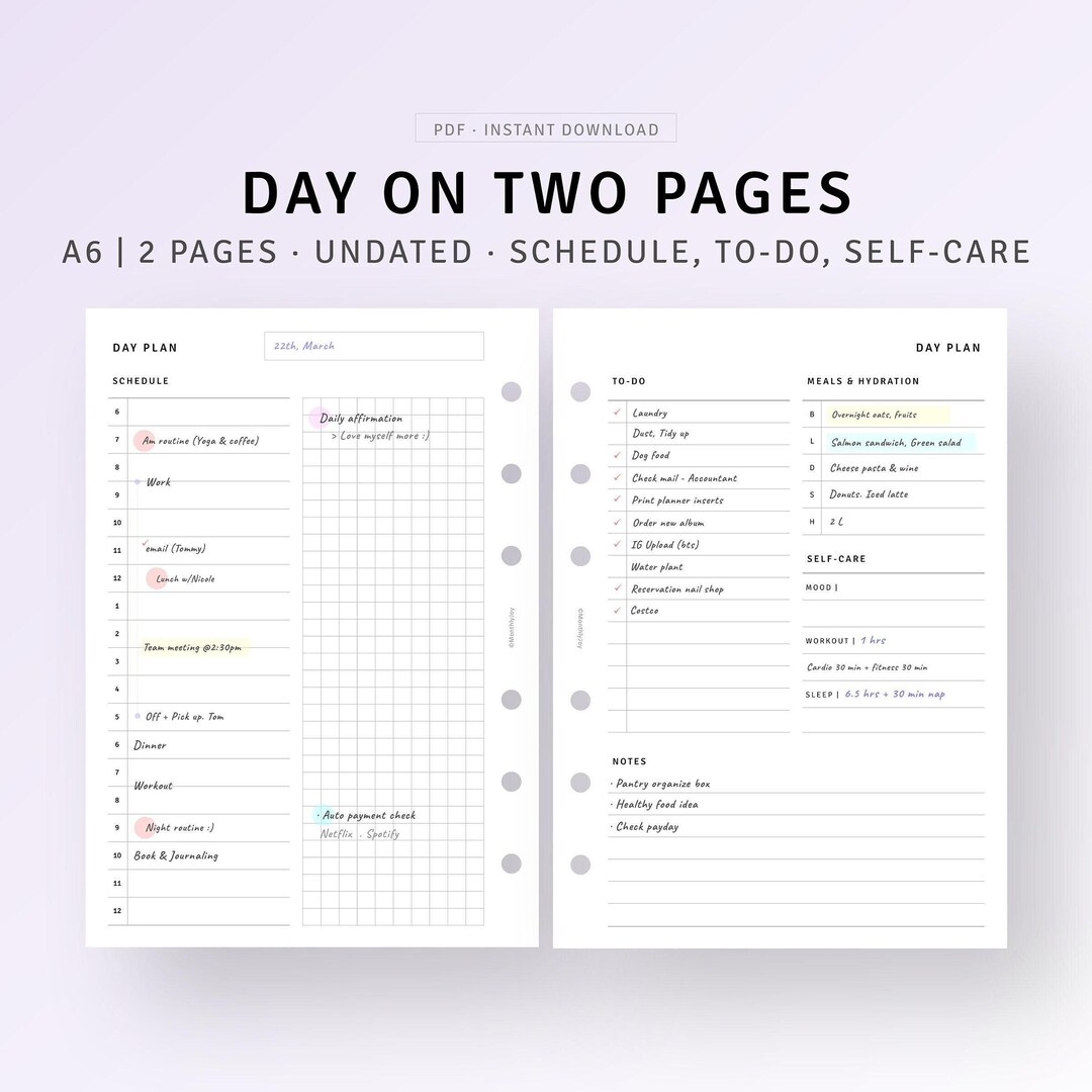 Day on 2 Pages Printable A6 Ring, Undated Daily Planner, Productivity ...