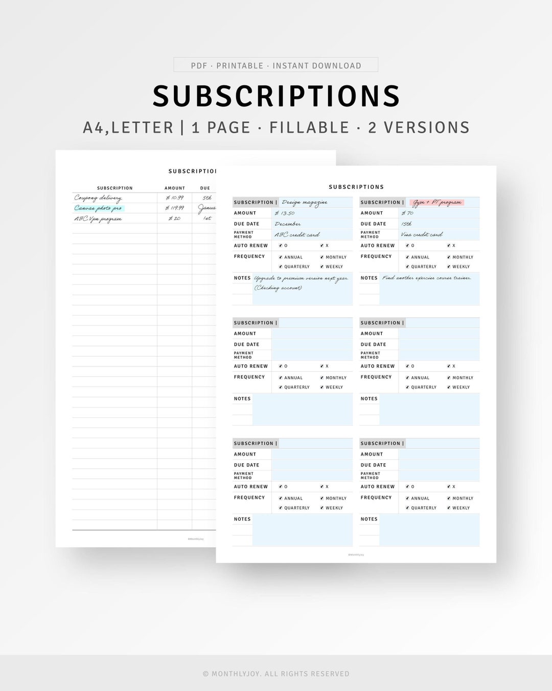 Subscription Tracker A4, Letter Inserts Printable Membership Log ...