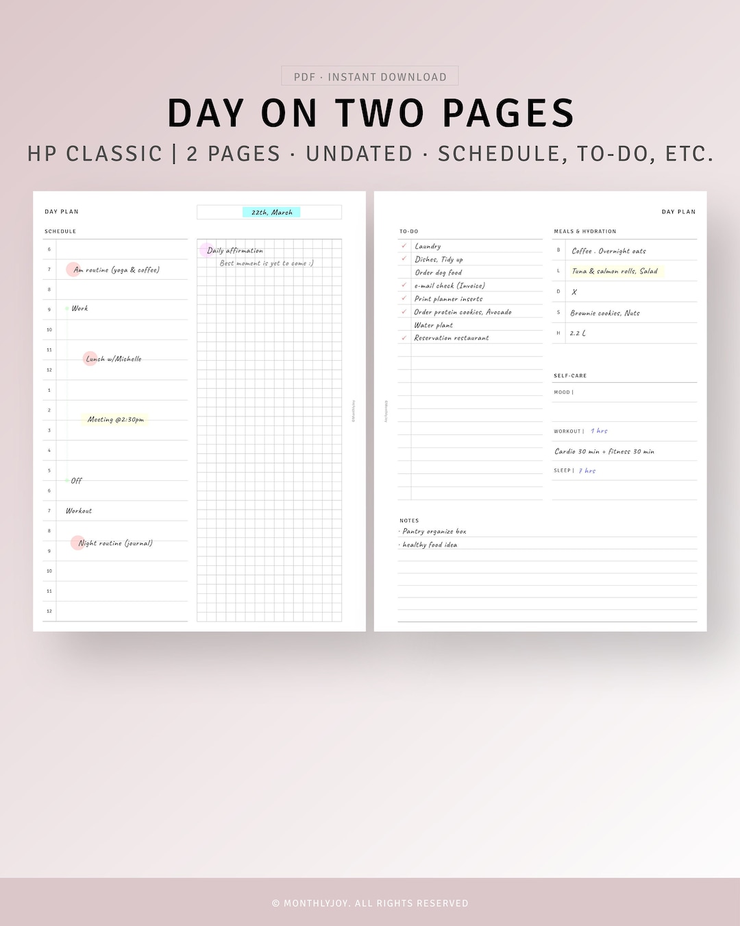 HP Classic, Simple Daily Planner Printable Day on Two Pages, to Do List ...