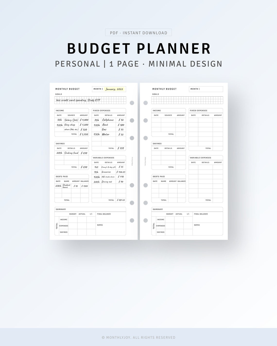 Personal Monthly Budget Planner Printable Income and Expense - Etsy