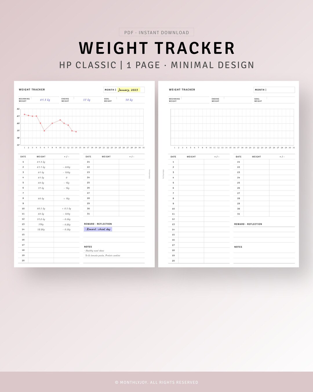Weight Loss Tracker Printable HP Classic Inserts, Pounds Lost Chart ...