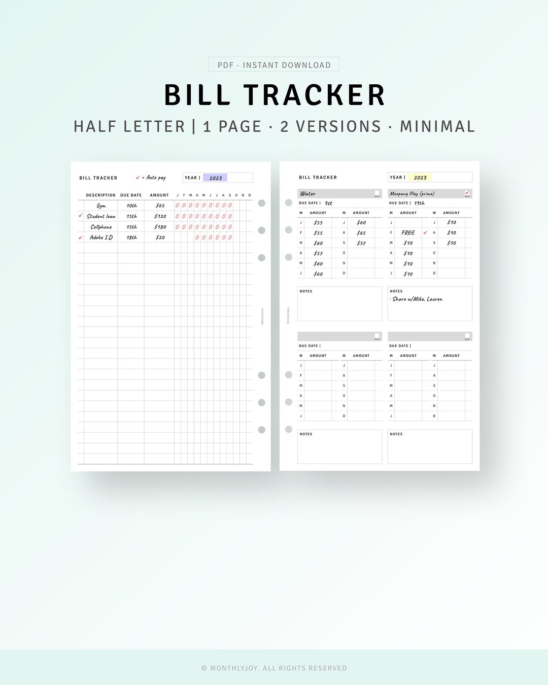 Bill Tracker Printable Half-letter Inserts, Spending Journal Planner ...