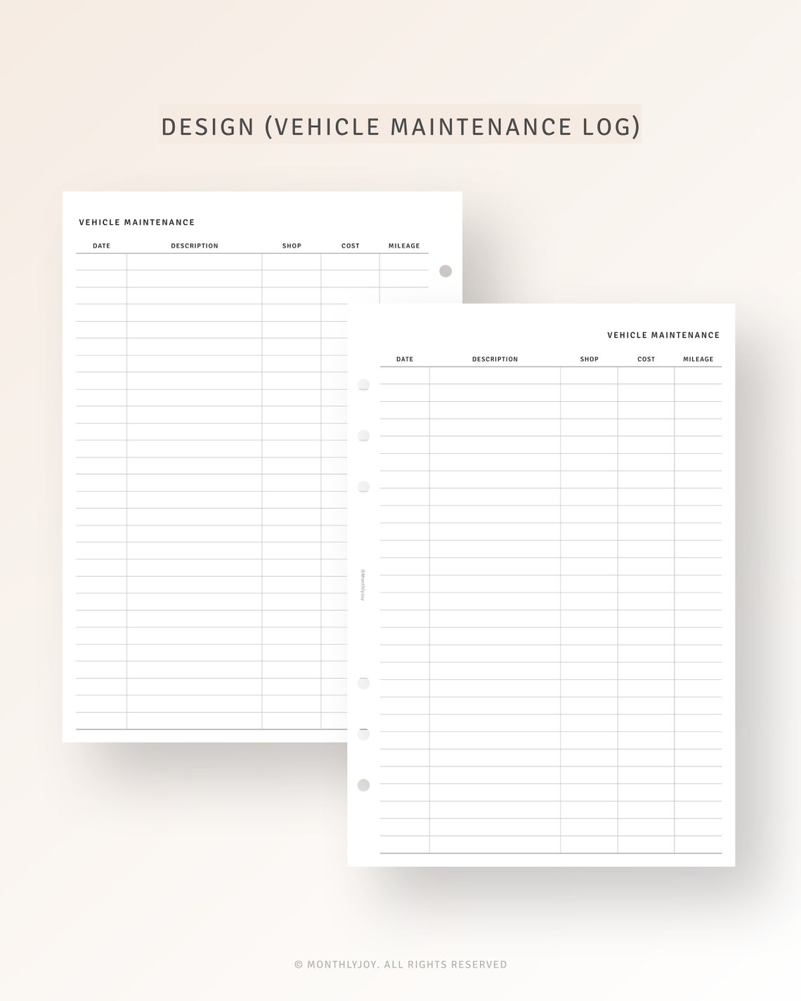 Car Maintenance Log A5 Ring Printable Vehicle Service Maintenance ...