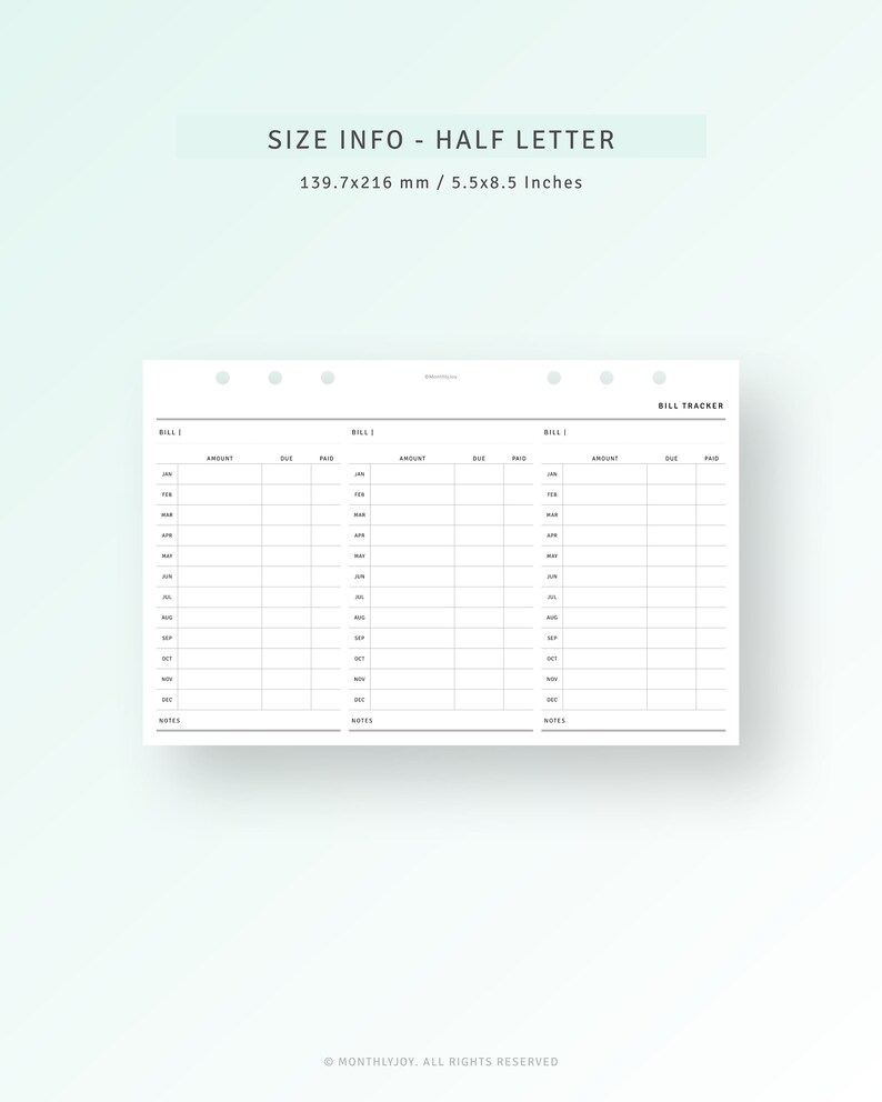 Bill Organizer Printable Half-letter Inserts Bill Due Date - Etsy