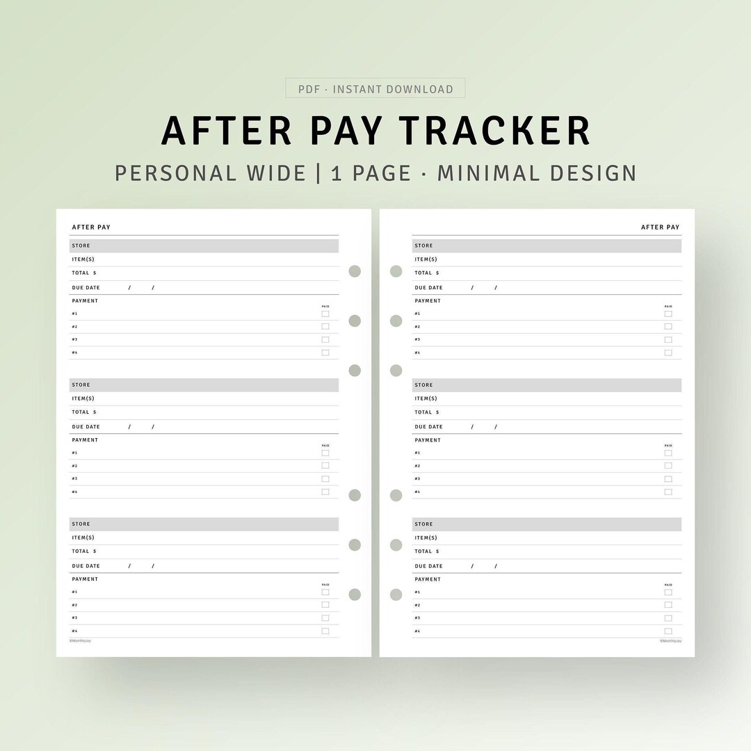 After Pay Tracker Personal Wide Inserts Printable Payment Tracker ...