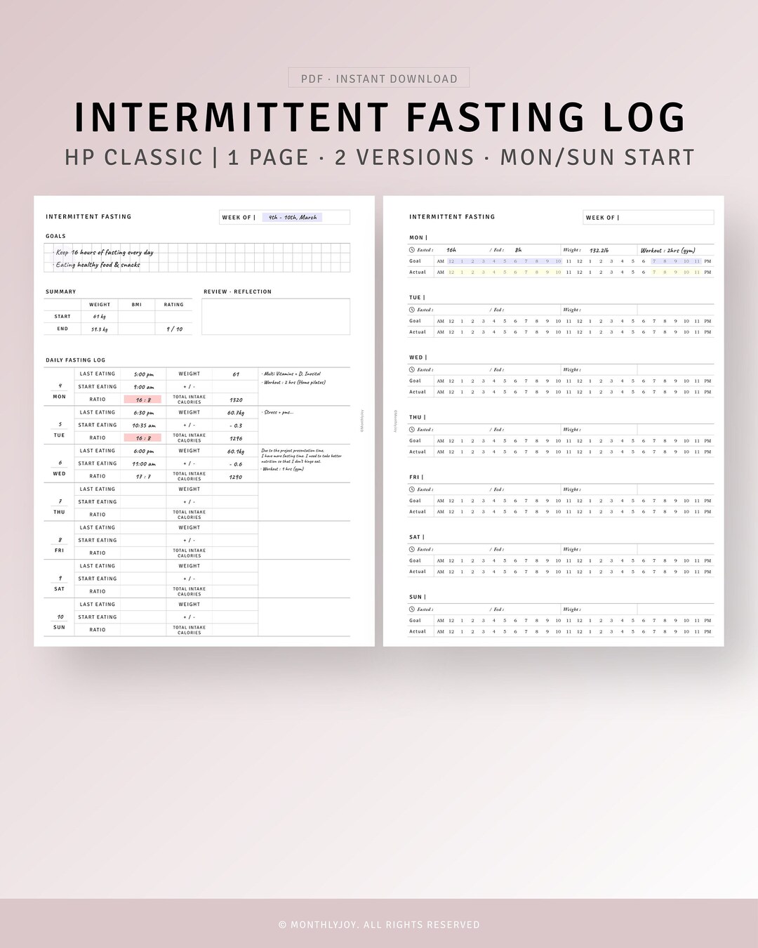 Intermittent Fasting Tracker Printable HP Classic Inserts, Weight Loss ...