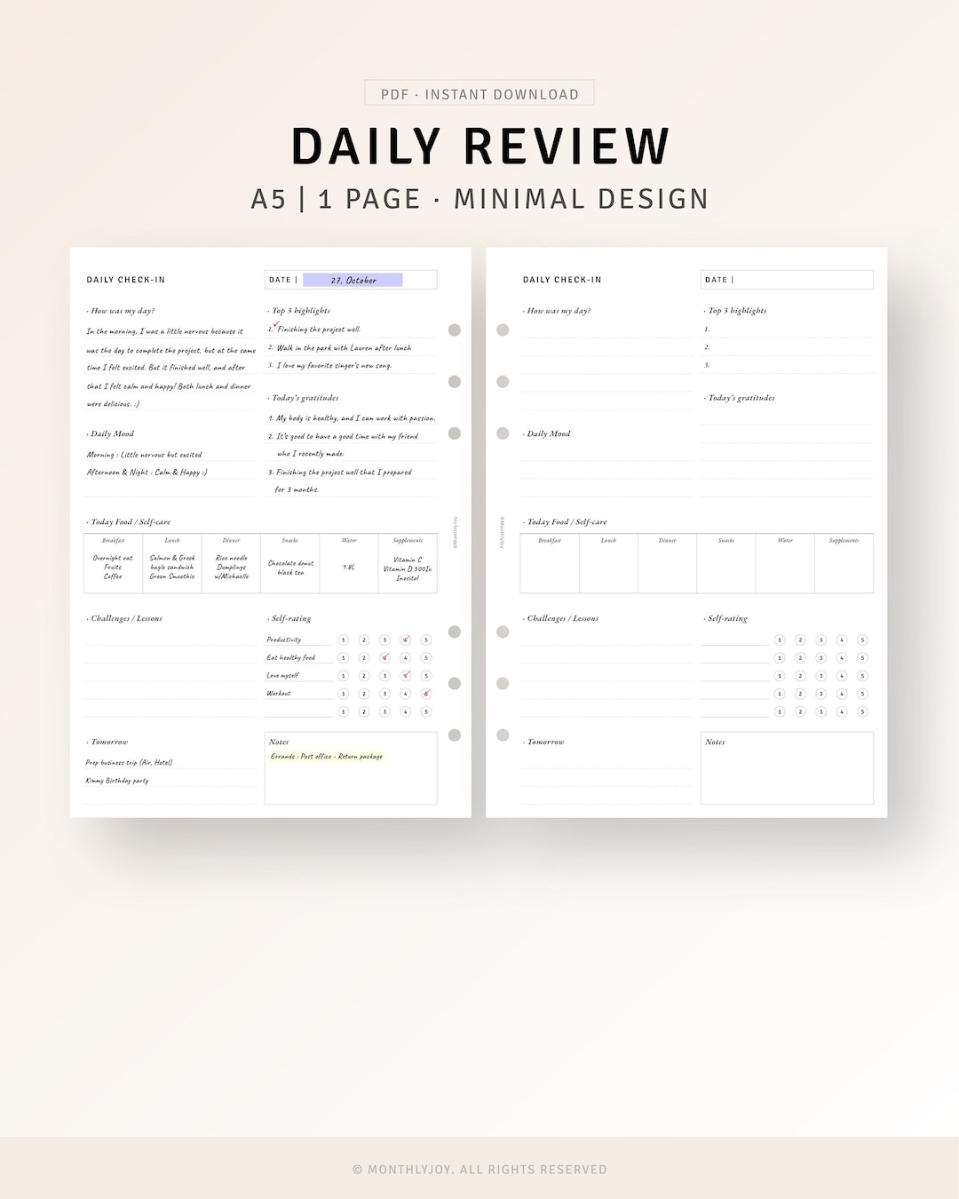 Daily Review Reflection Journal A5 Planner Inserts Printable Daily ...