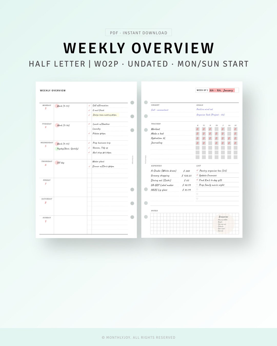 Undated Weekly Planner Pages Printable Half-letter Size Inserts Weekly ...