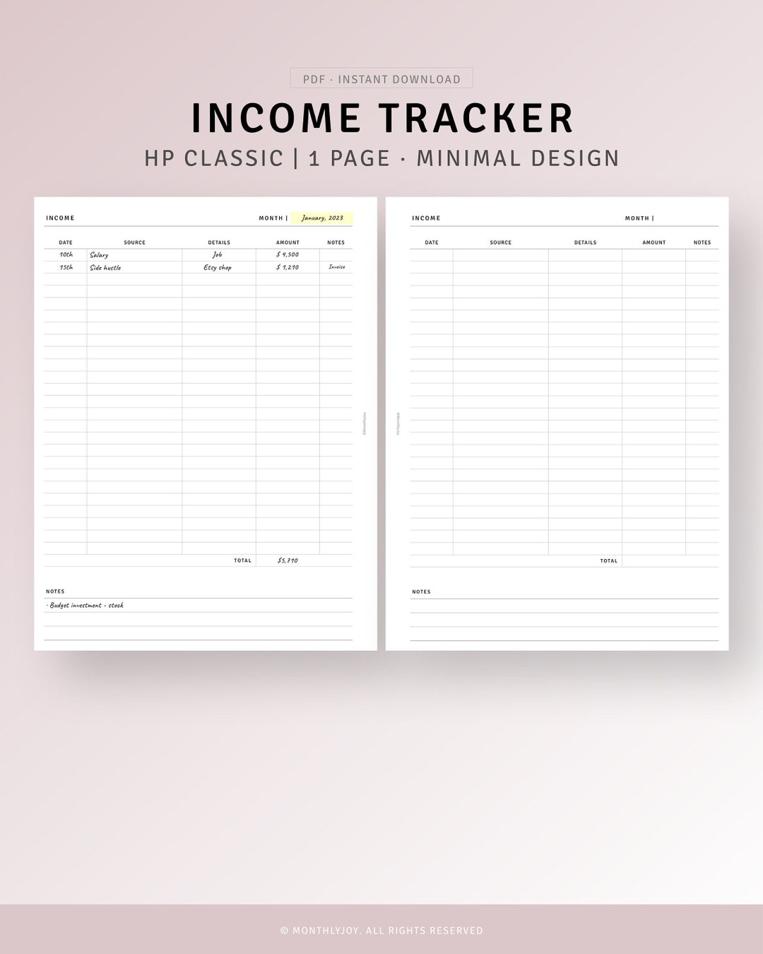 Income Tracker Printable HP Classic Planner Inserts, Money Earning ...