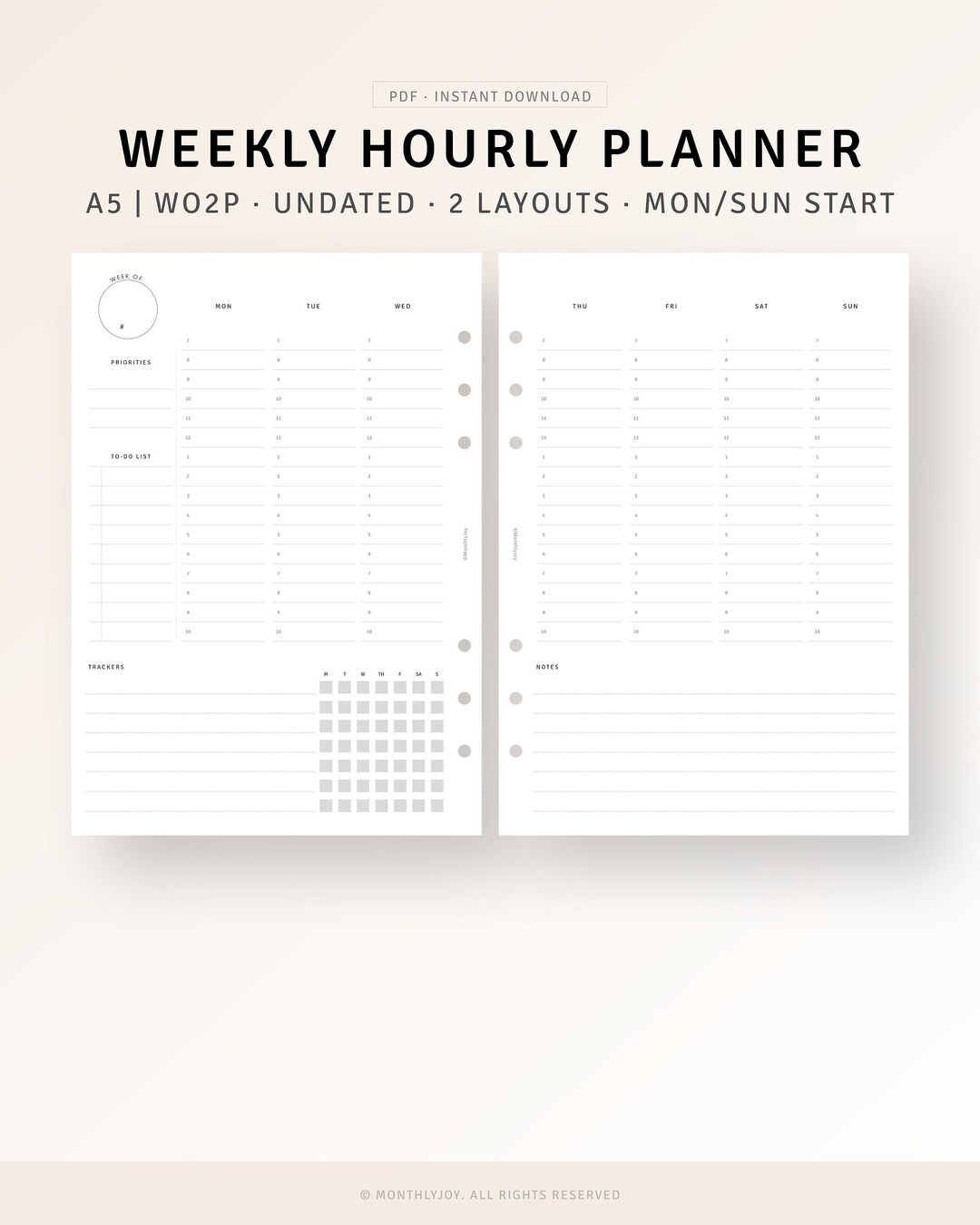Undated Weekly Hourly Planner Schedule Organizer A5 Inserts Printable ...