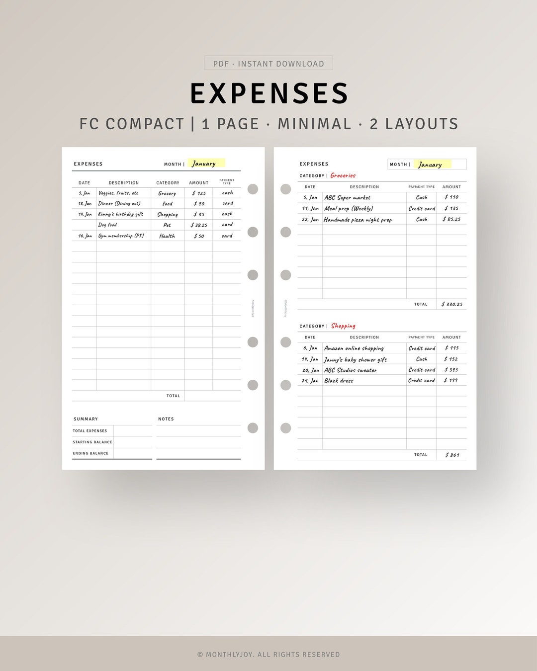 Expense Tracker FC Compact Ring Printable Money Spending Log, Bill Organizer, Financial Template ...