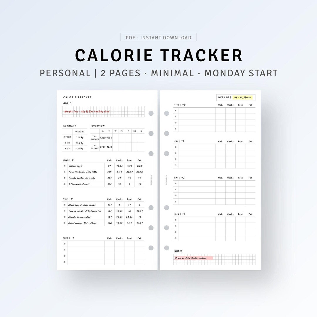 Personal, Calorie Tracker Printable Food Diary Journal Template, Daily ...