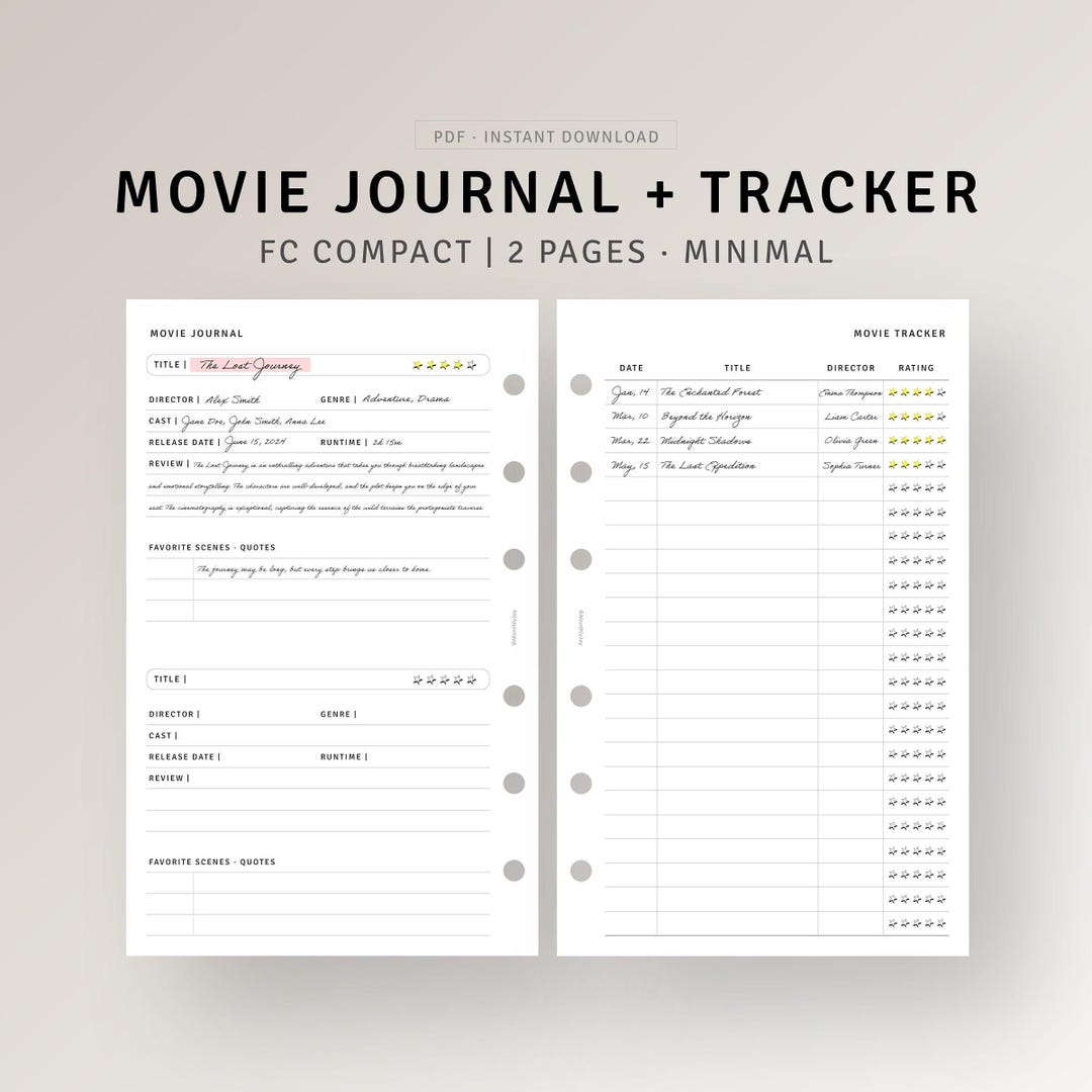 Printable Movie Journal Tracker FC Compact Inserts, TV Series Planner ...